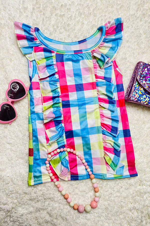 DLH2524 Colorful checkered print ruffle little girls top (A7S7 ...