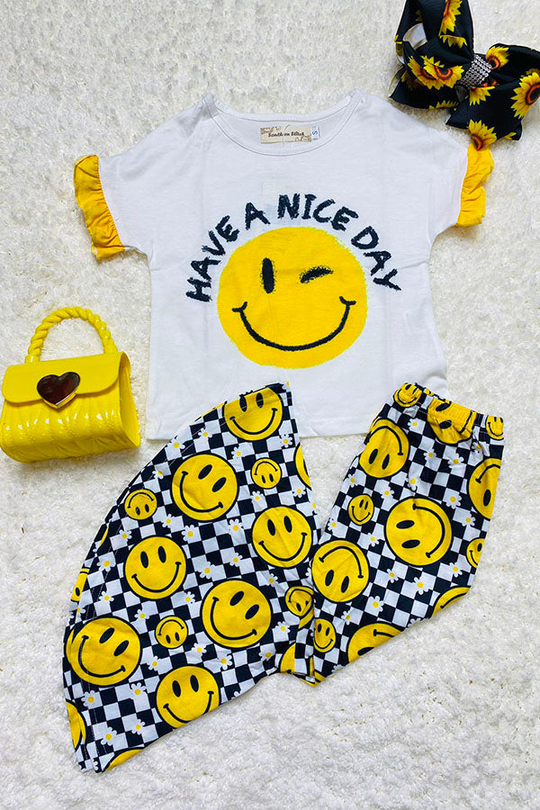 XCH0666-23H Kids yellow smile face prints top bell bottom girls outfit ...