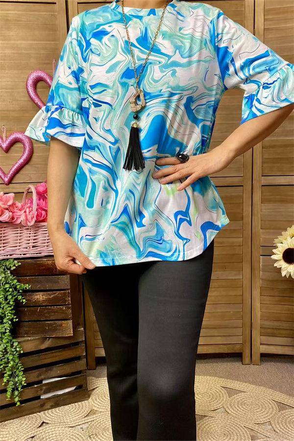 BQ15867 Wave graphic teal&turquoise short sleeve w/ruffle women tops G ...