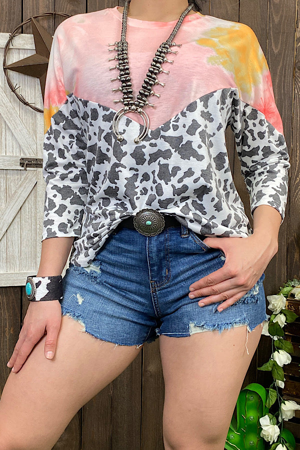 Pink/yellow tie dye & cow printed 3/4 sleeve women top BQ10547 (ES1 ...