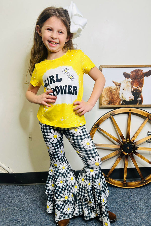 XCH0666-20H GIRL POWER yellow top flower & plaid bell bottom 2pc girls ...