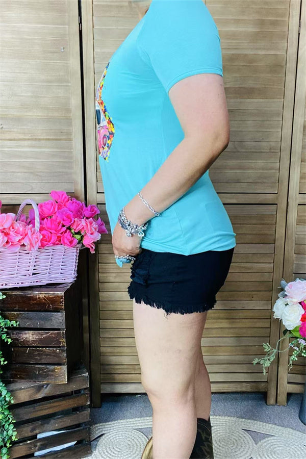 DLH8384 Cold Digger ice cream truck printed short sleeve women blue t ...